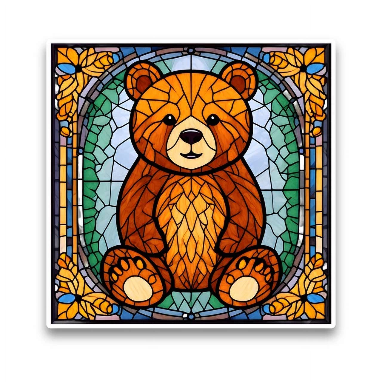 DOPASTICKER Cute Brown Bear Wild Animal Faux Stained Glass Style Square ...