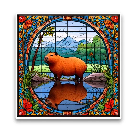 DOPASTICKER Cute Capybara Wild Animal Faux Stained Glass Style Square ...