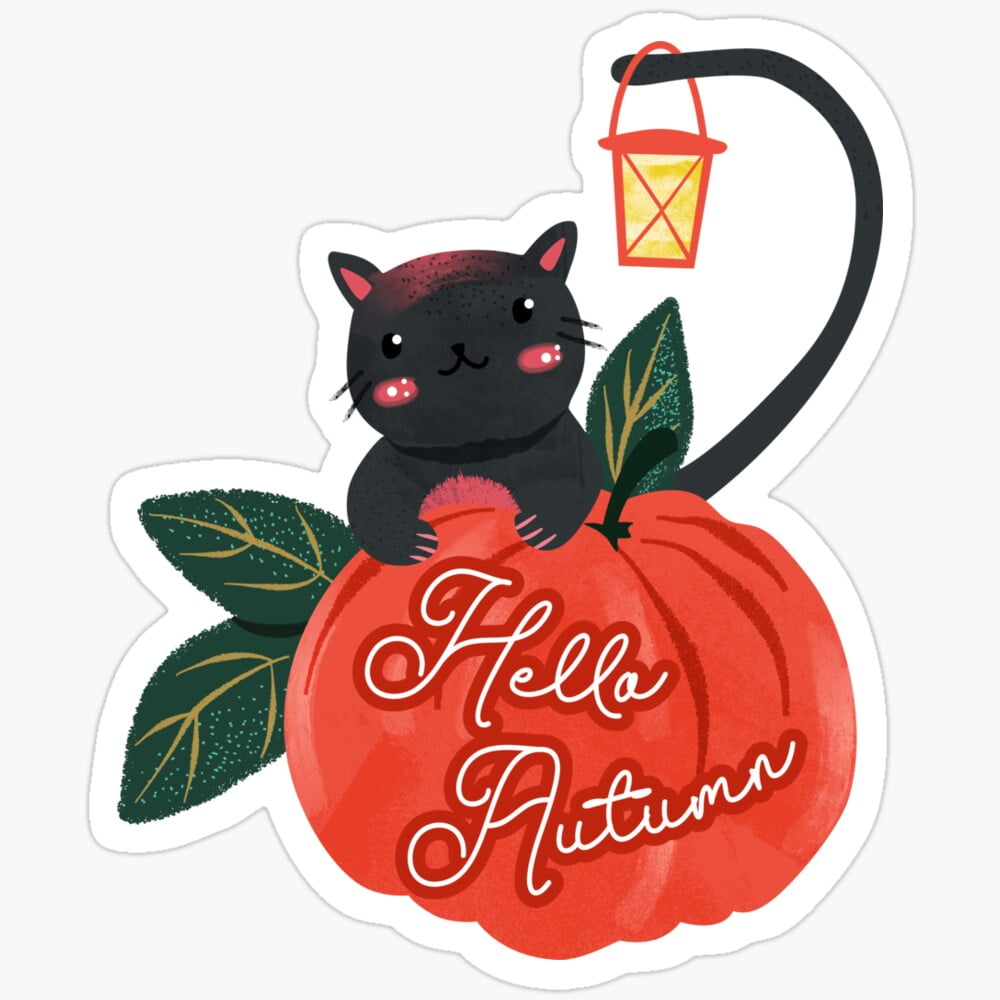 DOPASTICKER Cute Cat With Pumpkin, Hello Autumn Sticker Phone Sticker ...