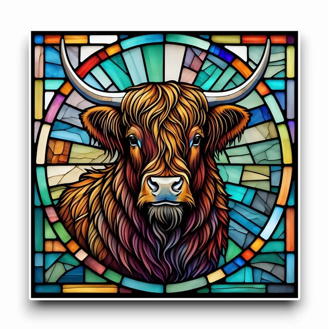DOPASTICKER Cute Highland Cow Animal Square Stained Glass Style Window ...