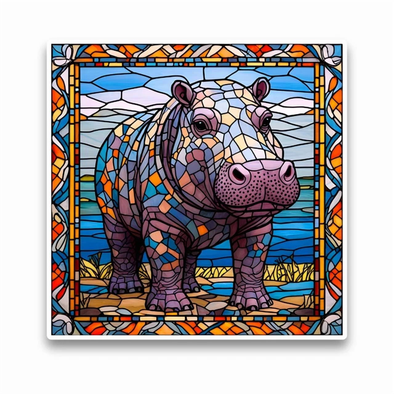 DOPASTICKER Cute Hippo Wild Animal Faux Stained Glass Style Square ...