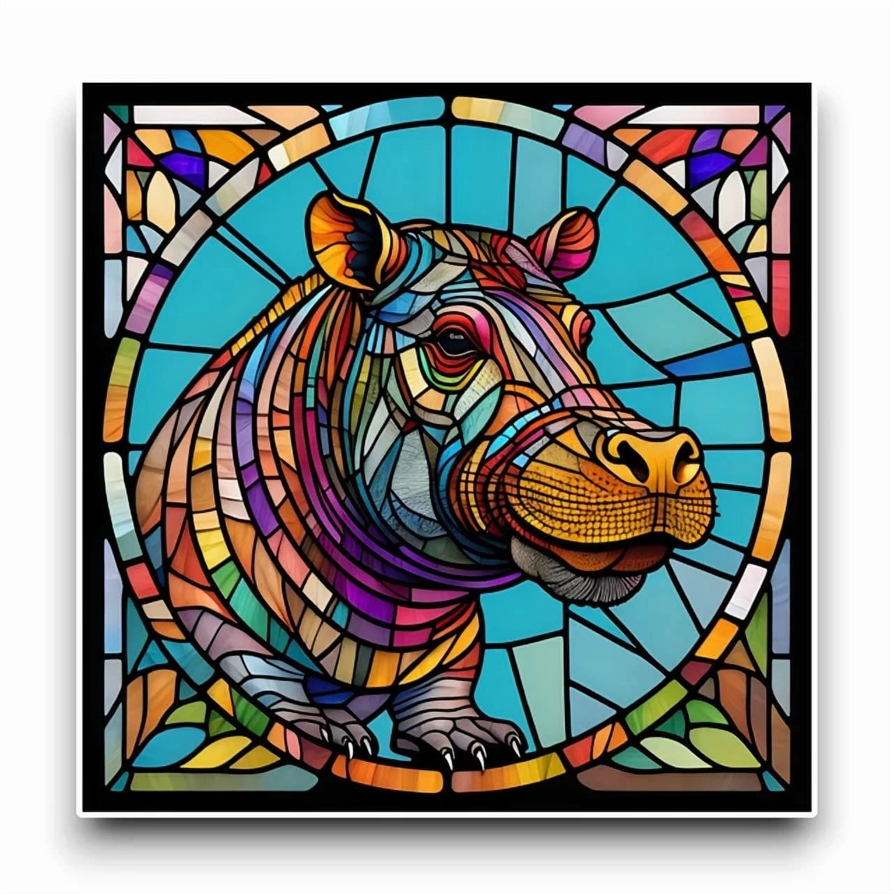DOPASTICKER Cute Hippopotamus Animal Square Stained Glass Style Window ...