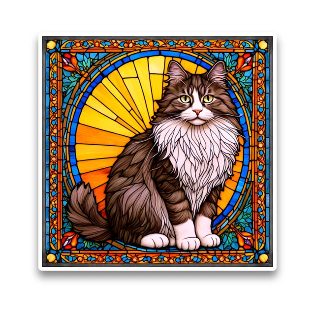 DOPASTICKER Cute Norwegian Forest Cat Faux Stained Glass Style Square ...