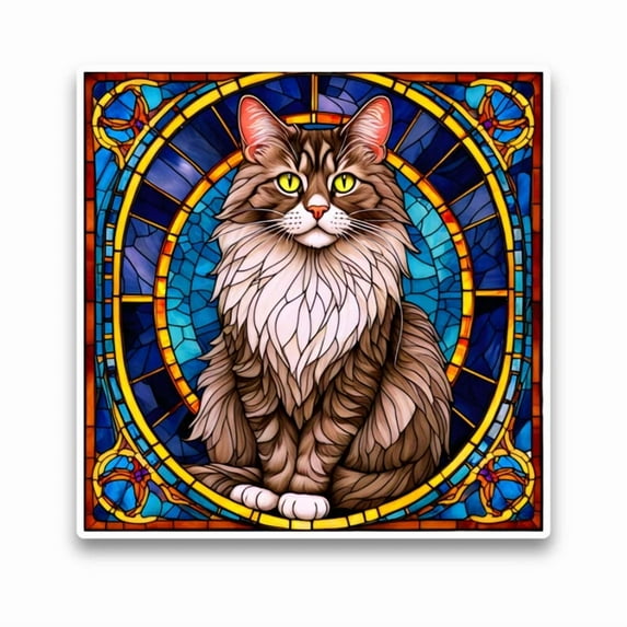 DOPASTICKER Cute Oriental Longhair Cat Faux Stained Glass Style Square ...