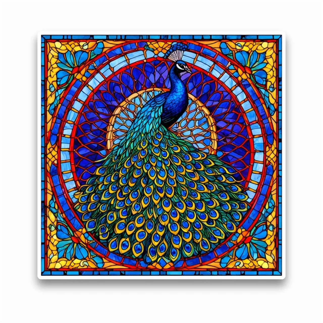 DOPASTICKER Cute Peacock Wild Bird Faux Stained Glass Style Square ...