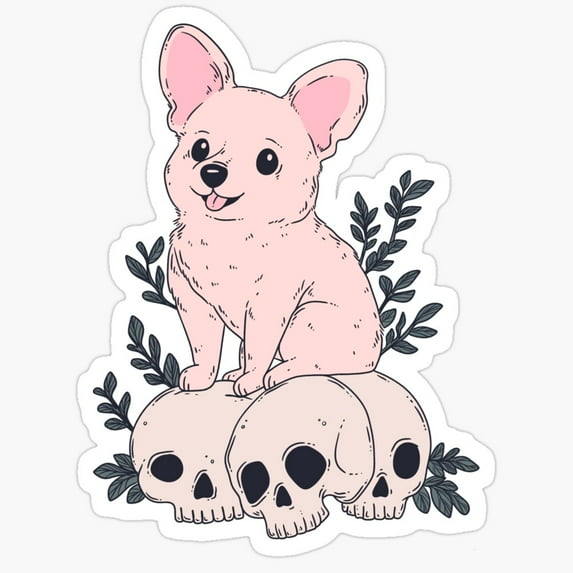 DOPASTICKER Cute Pink Corgi On Skull Pile - Adorable Gothic Fantasy Art ...