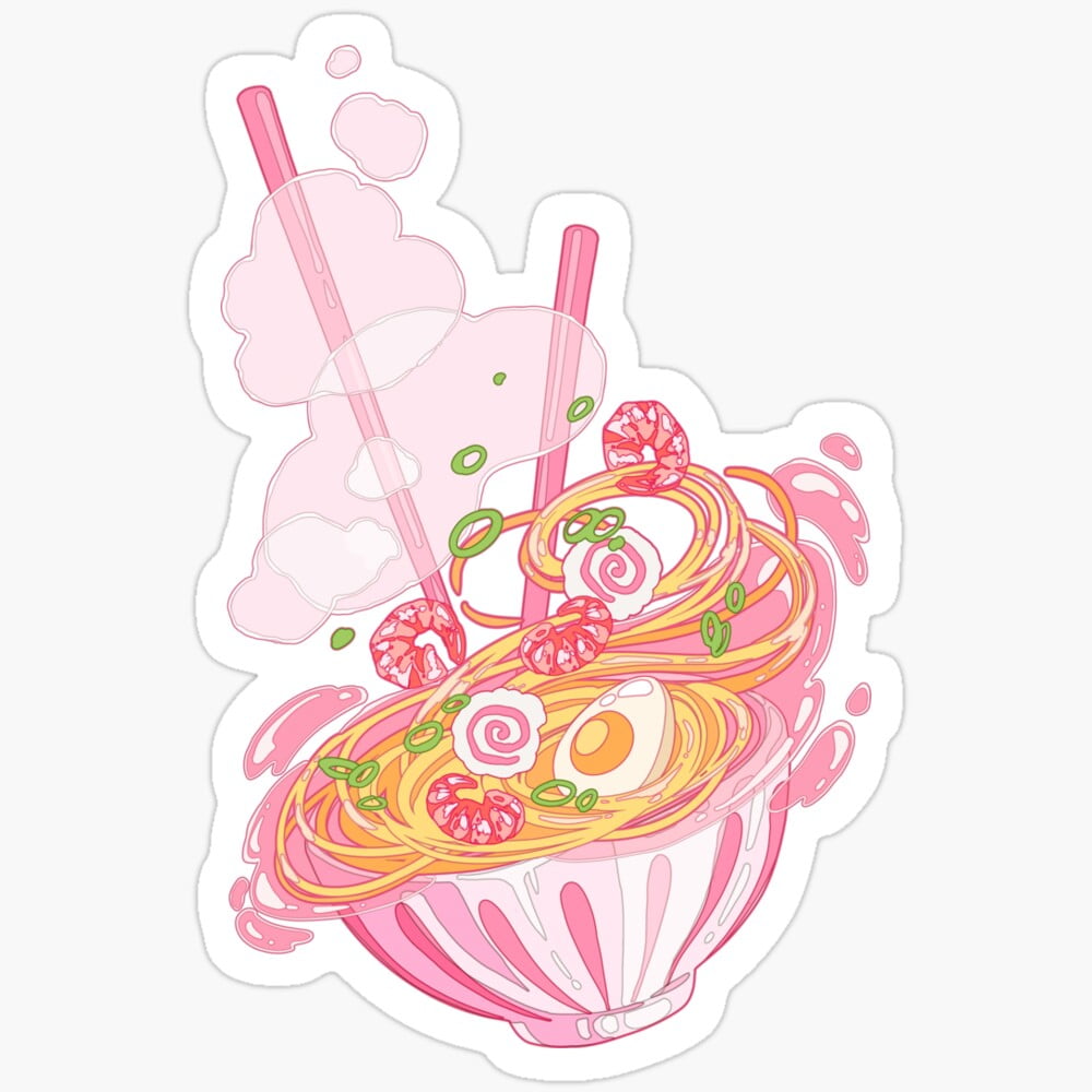 DOPASTICKER The Cute Pink Ramen Bowl With Shrimps And Noodles Sticker ...