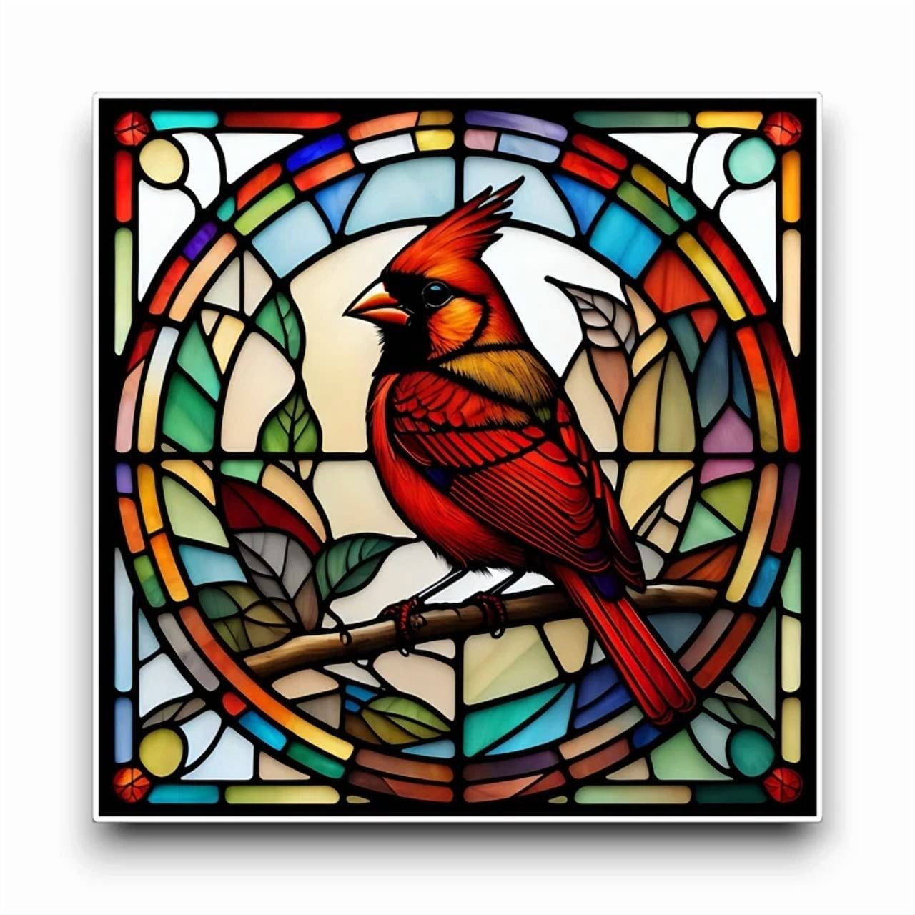 DOPASTICKER Cute Red Cardinal Bird Square Stained Glass Style Window ...