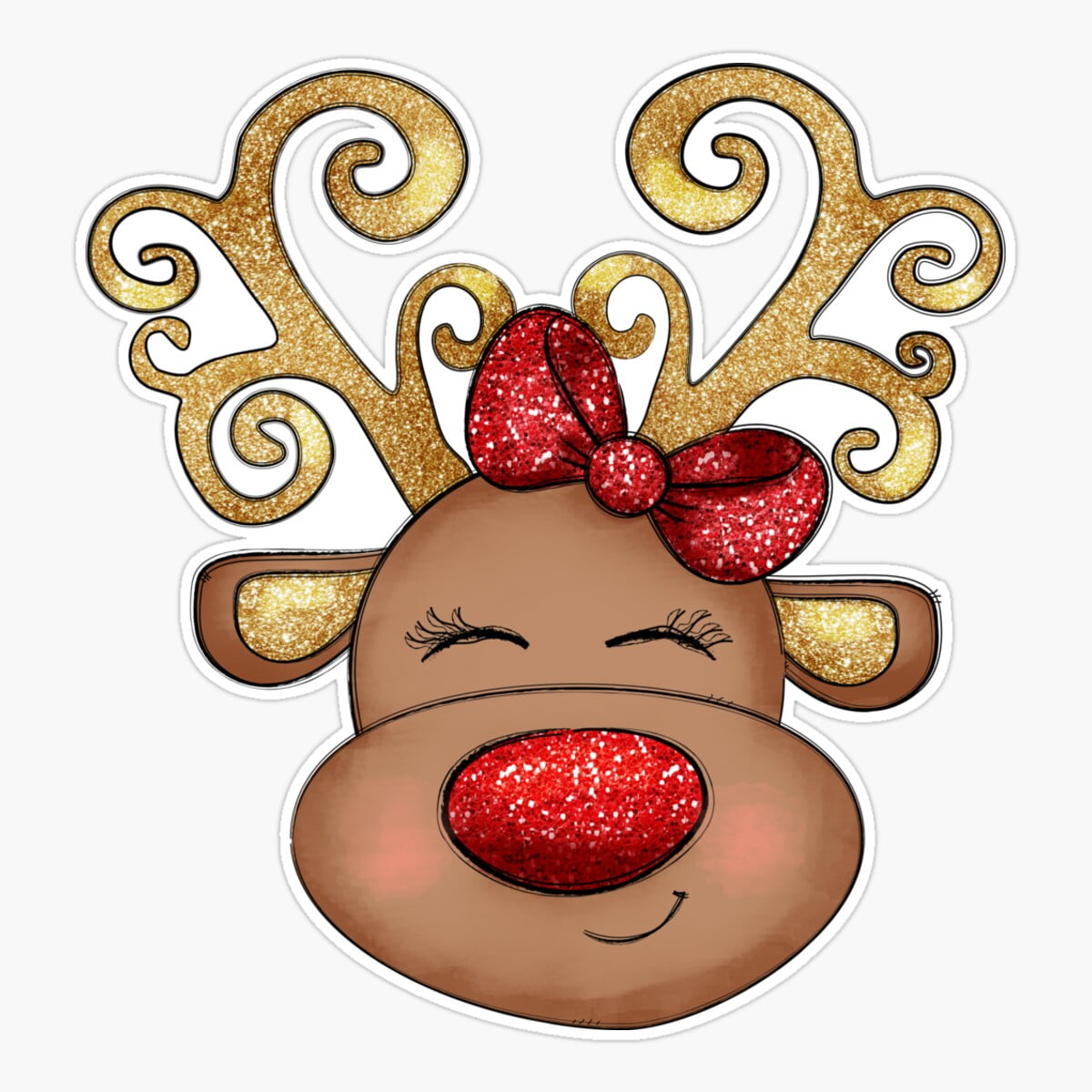 DOPASTICKER Cute Reindeer With A Glittery Red Bow. Sticker, Phone ...