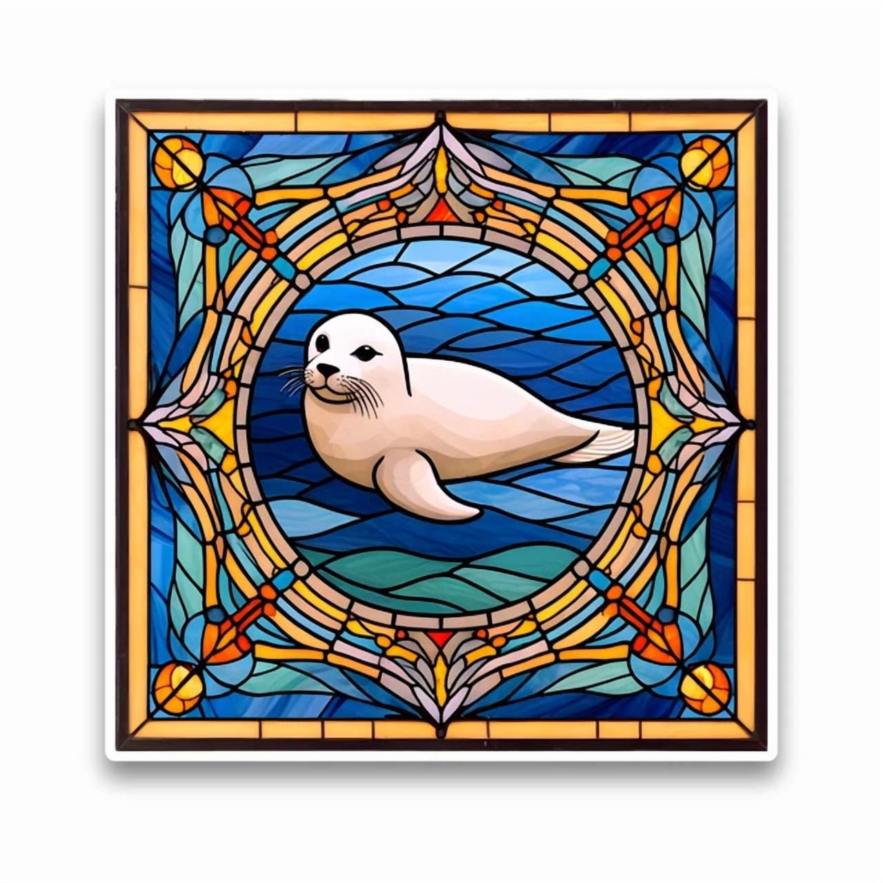 DOPASTICKER Cute Seal Wild Animal Faux Stained Glass Style Square ...