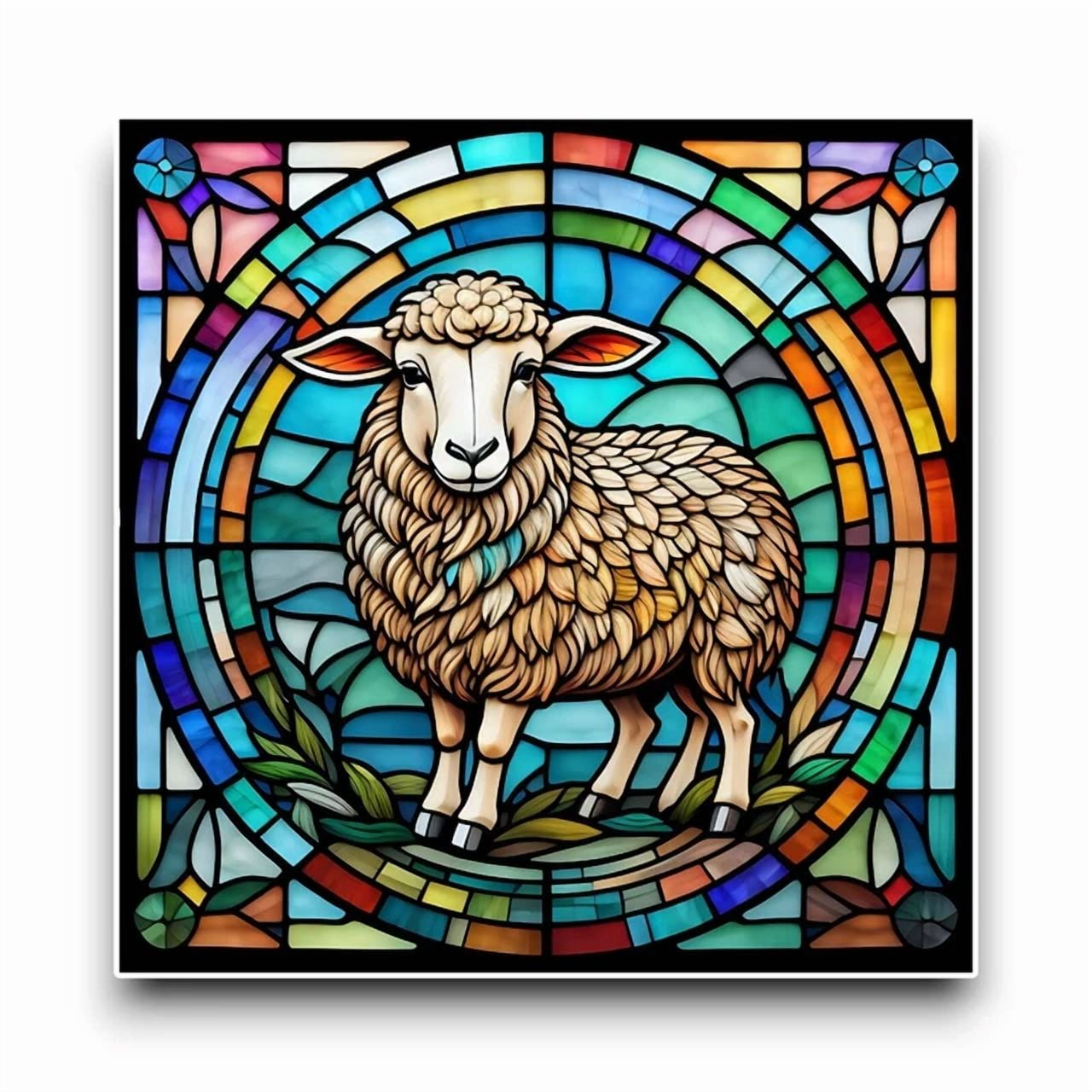 DOPASTICKER Cute Sheep Lamb Square Stained Glass Style Window Opaque ...