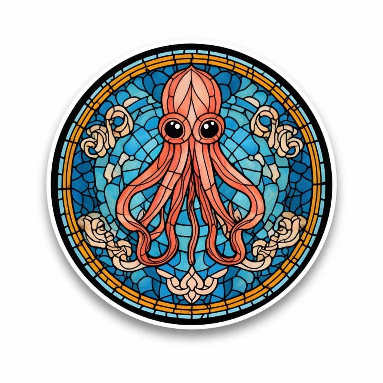 DOPASTICKER Cute Squid Sea Wild Animal Faux Stained Glass Style Window ...
