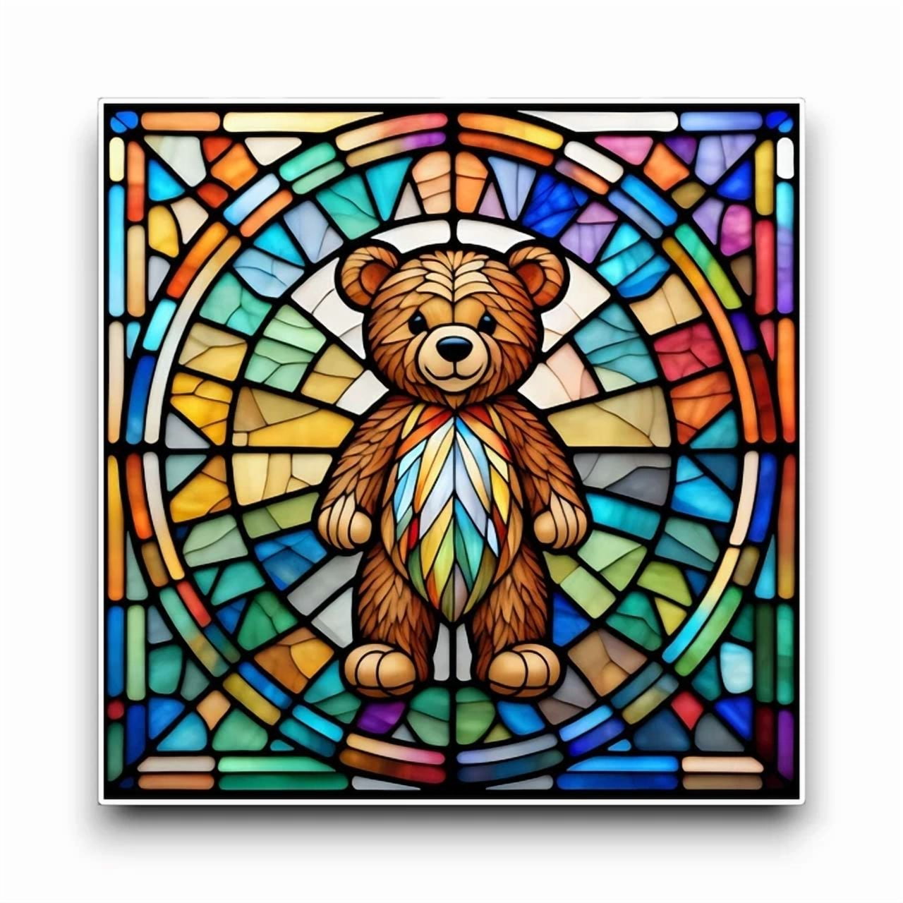 DOPASTICKER Cute Teddy Bear Square Stained Glass Style Window Vibrant ...