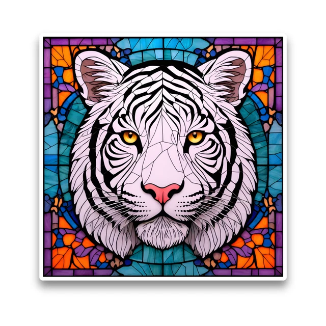 DOPASTICKER Cute White Tiger Cat Animal Faux Stained Glass Style Square ...