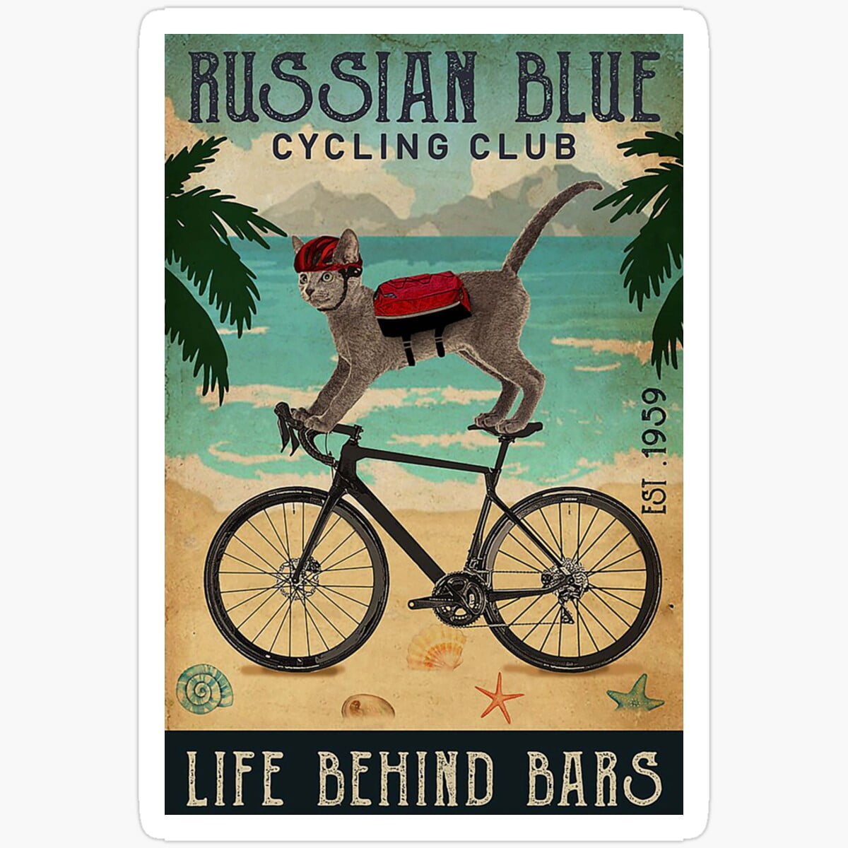 DOPASTICKER Cycling Club Russian Blue Cat Gift Sticker, Waterproof ...