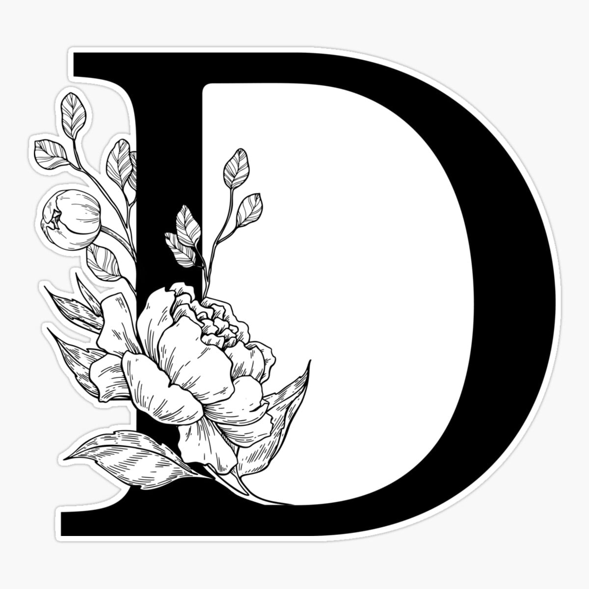DOPASTICKER D Botanical Monogram. Detailed Peony Drawing Sticker, Phone ...