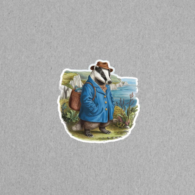 DOPASTICKER Dapper Badger Walking Along Coast Wearing Blue Coat & Hat ...