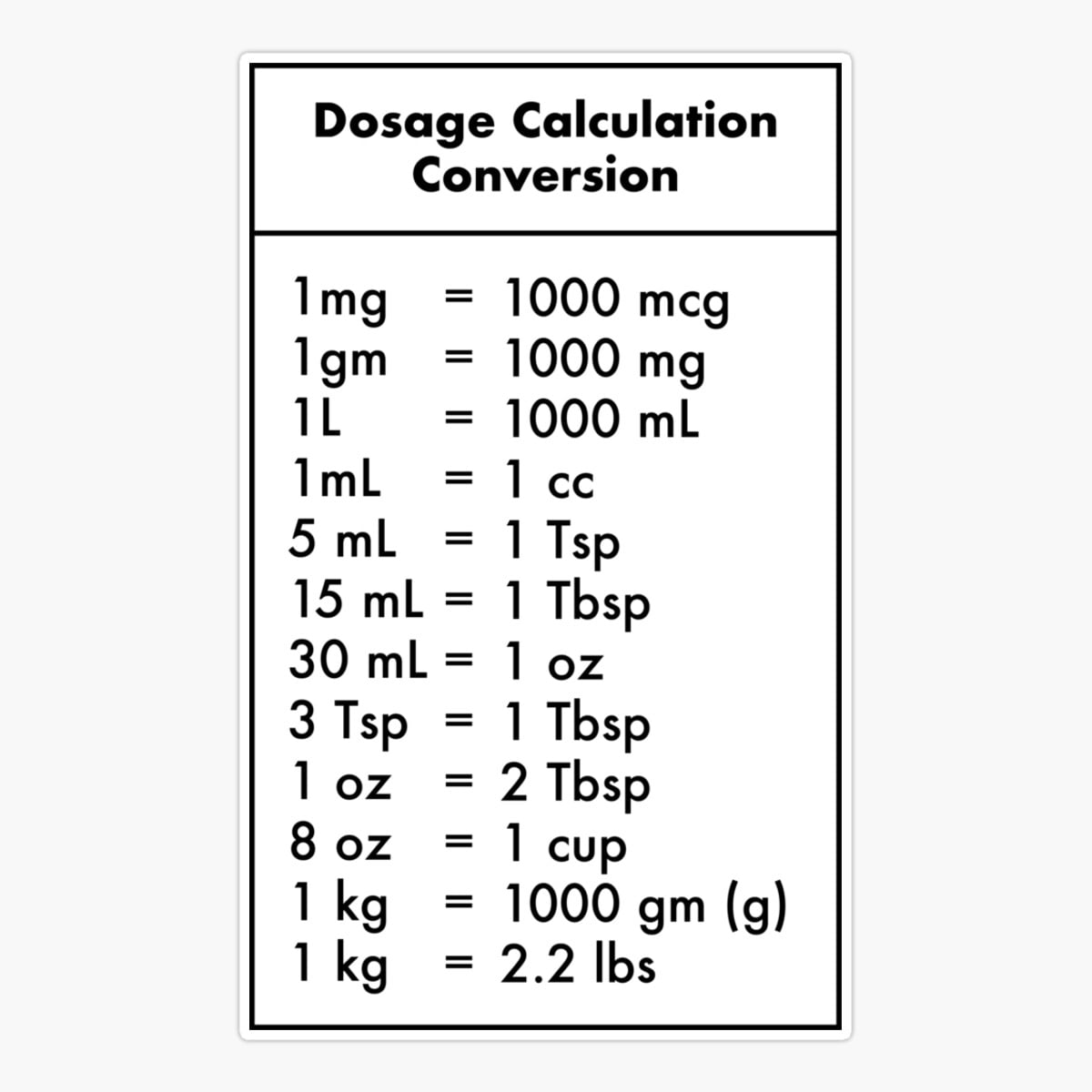 DOPASTICKER Dosage Calculation Conversion Sticker, Phone Sticker Car ...