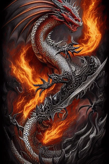 DOPASTICKER Dragon Sticker Fantasy Medieval Metal Dark Fire Flame Art ...