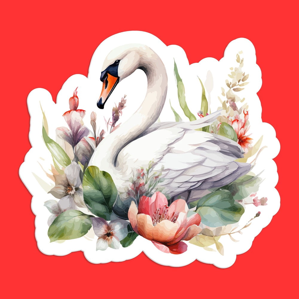 DOPASTICKER Elegant Watercolor Swan Sticker - Floral Bird Art Decal For ...