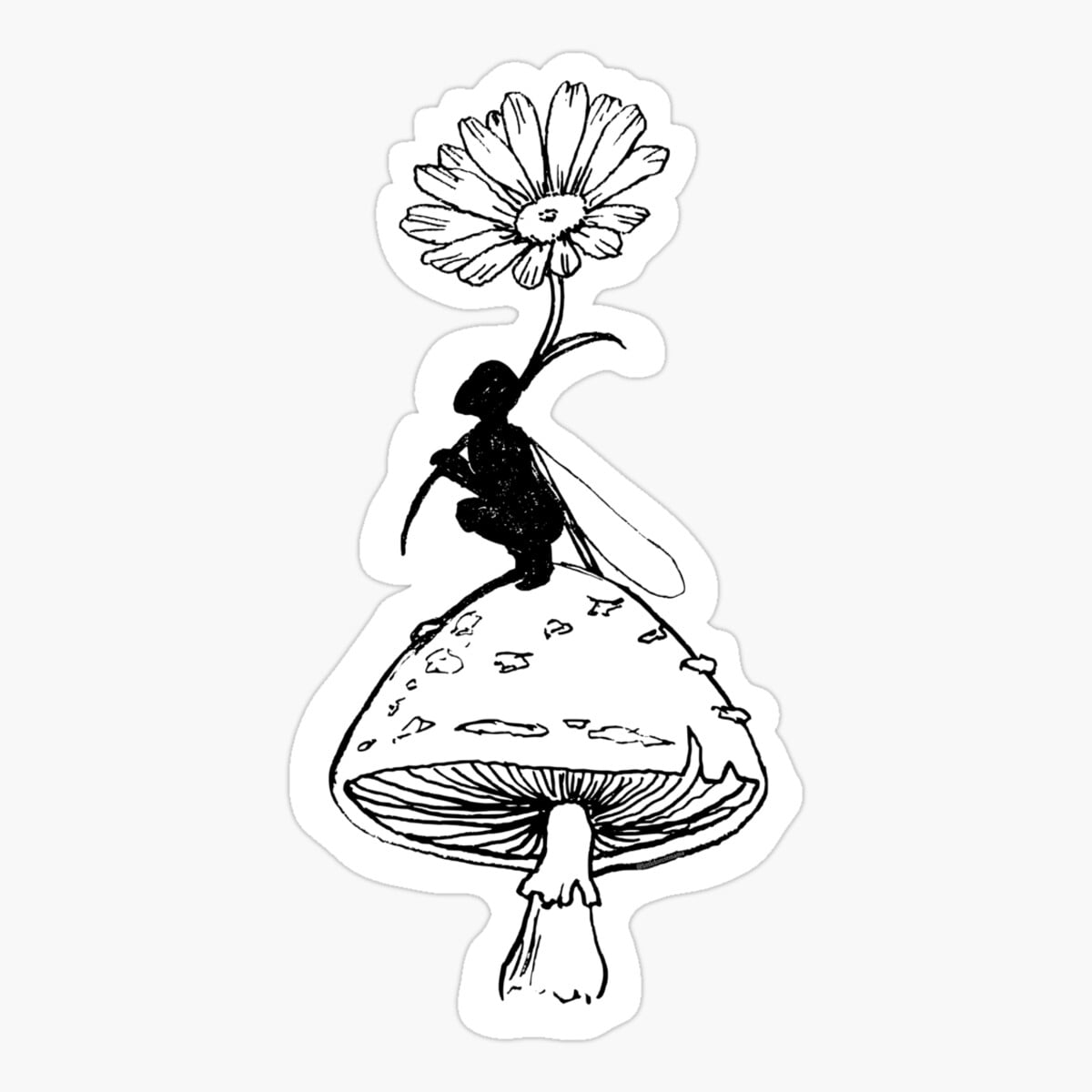 DOPASTICKER Fairy Hold Daisy And Sits On Mushroom In Black Sticker ...