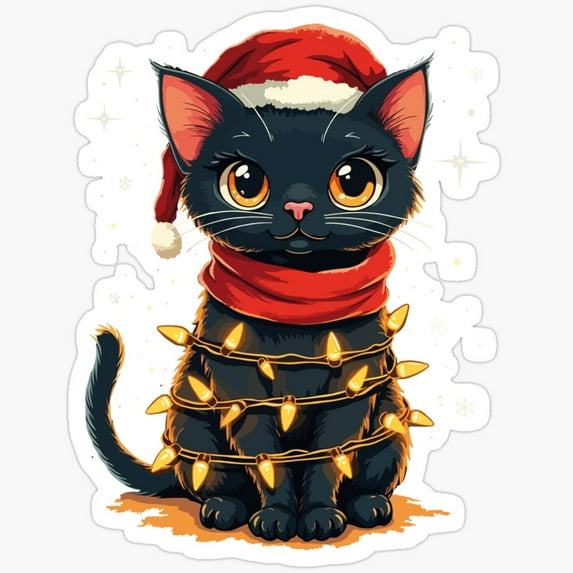 DOPASTICKER Festive Black Cat With San.Ta Hat And Chris.Tmas Lights Sticker, Decorate Laptops ...