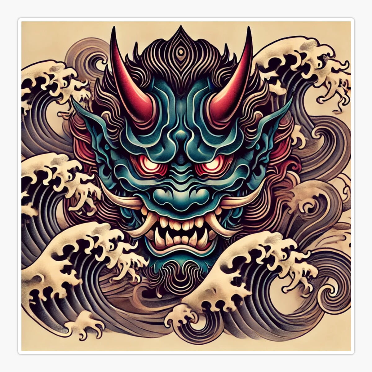 DOPASTICKER Fierce Oni With Ocean Waves, Traditional Ukiyo-E Demon Art ...