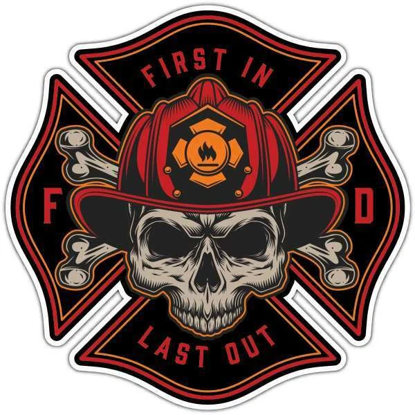 DOPASTICKER First In Last Out Firefighter Fire Skull Car Window Sticker ...