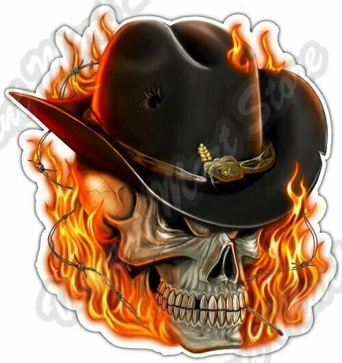 DOPASTICKER Flaming Cowboy Skull Fire Hat Flame Car Window Sticker ...