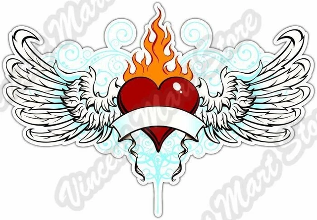 DOPASTICKER Flaming Heart With Wings Fire Flame Car Sticker Decal Phone ...