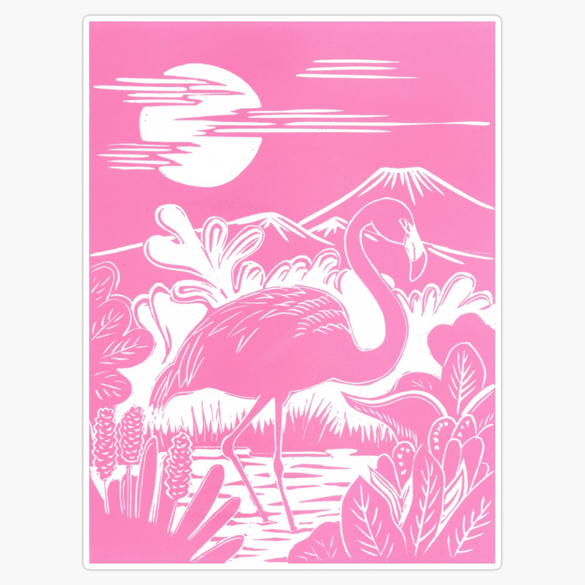 DOPASTICKER Flamingo In A Jungle Lake Linocut Sticker, Phone Sticker ...