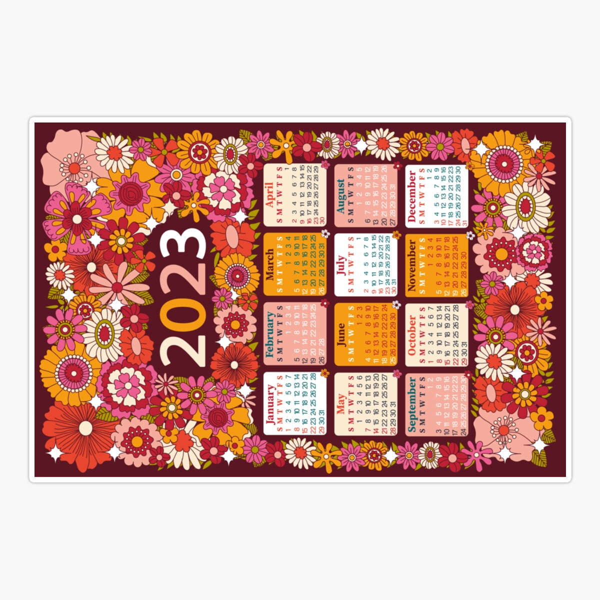 DOPASTICKER Floral 2023 Calendar Wall Hanging Sticker, Phone Sticker ...