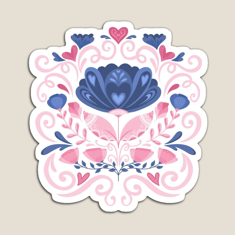 DOPASTICKER Floral Folk Art - Pink And Navy Blue Sticker Decorative ...