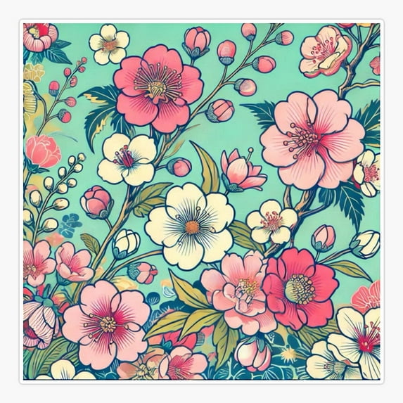 DOPASTICKER Floral Pattern, Japanese Art Flowers, Ukiyo-E, Ink Wash ...