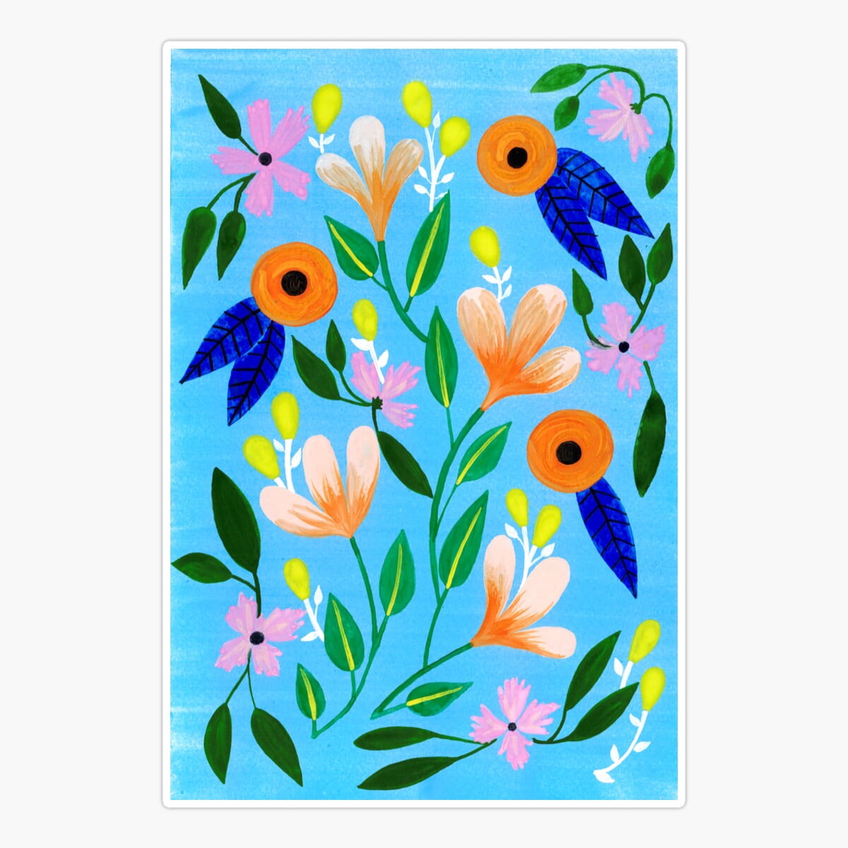 DOPASTICKER Flowers On Blue Sticker, Phone Sticker Car Stickers ...