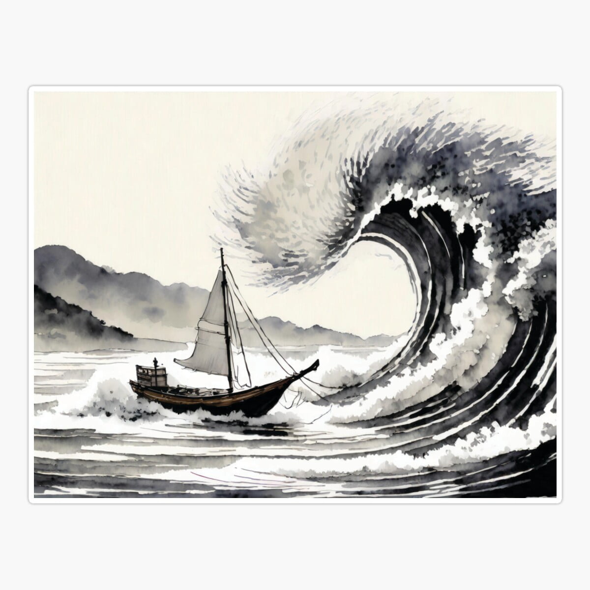 DOPASTICKER Fury Of The Waves: Sumi-E Tsunami Sticker, Phone Sticker ...