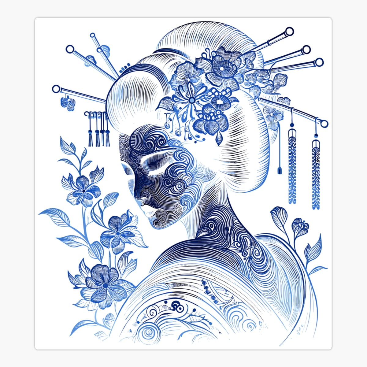 DOPASTICKER Geisha, Line Art, Gold, Black Background. Sticker, Phone ...