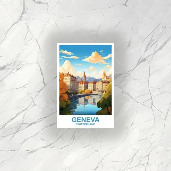 DOPASTICKER Geneva Travel Sticker Switzerland City Skyline Sunset Art ...