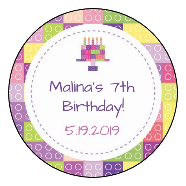 DOPASTICKER Girl Building Blocks Birthday Party Stickers Favors Pink ...