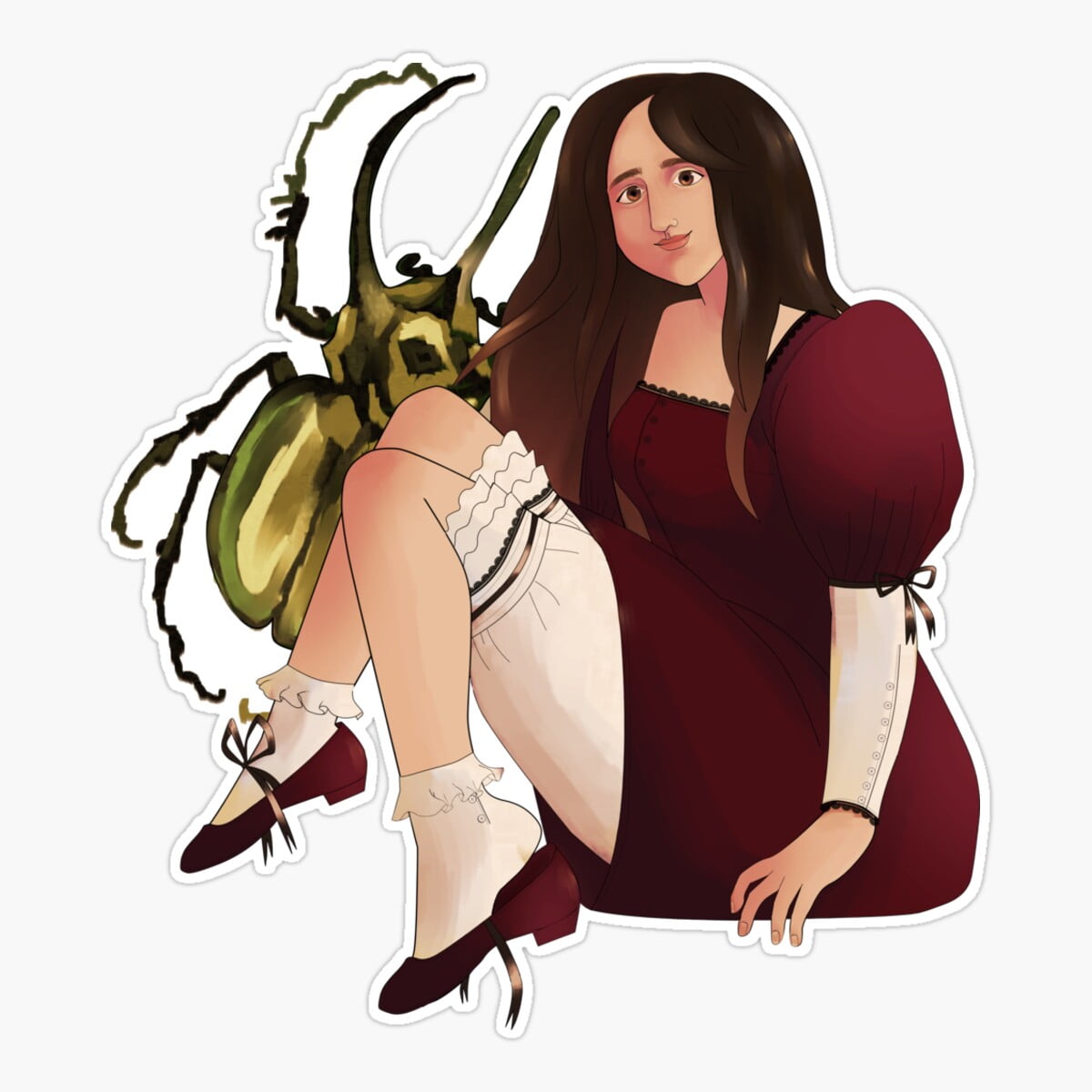 DOPASTICKER Girl In Vintage Dress With Beetle Sticker, Phone Sticker ...