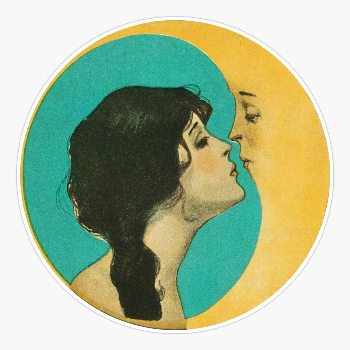 DOPASTICKER Girl Kissing The Moon. Antique Moon Face. Lunar Gift, Art ...