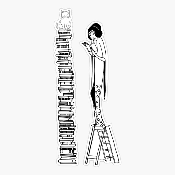 DOPASTICKER Girl Reading With Kitty Cat Cozy Book Lover & Cat Mom ...