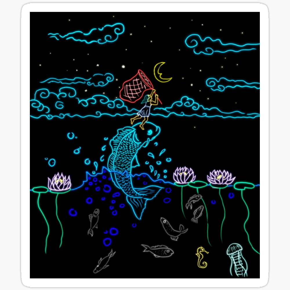 DOPASTICKER Glowing Fish And Girl Catching The Moon Sticker Phone Decal ...