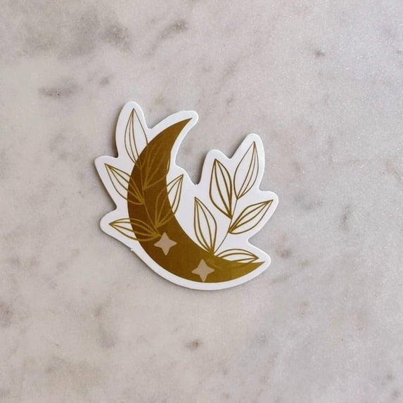 DOPASTICKER Golden Crescent Moon With Leaves Water Resistant Sticker ...