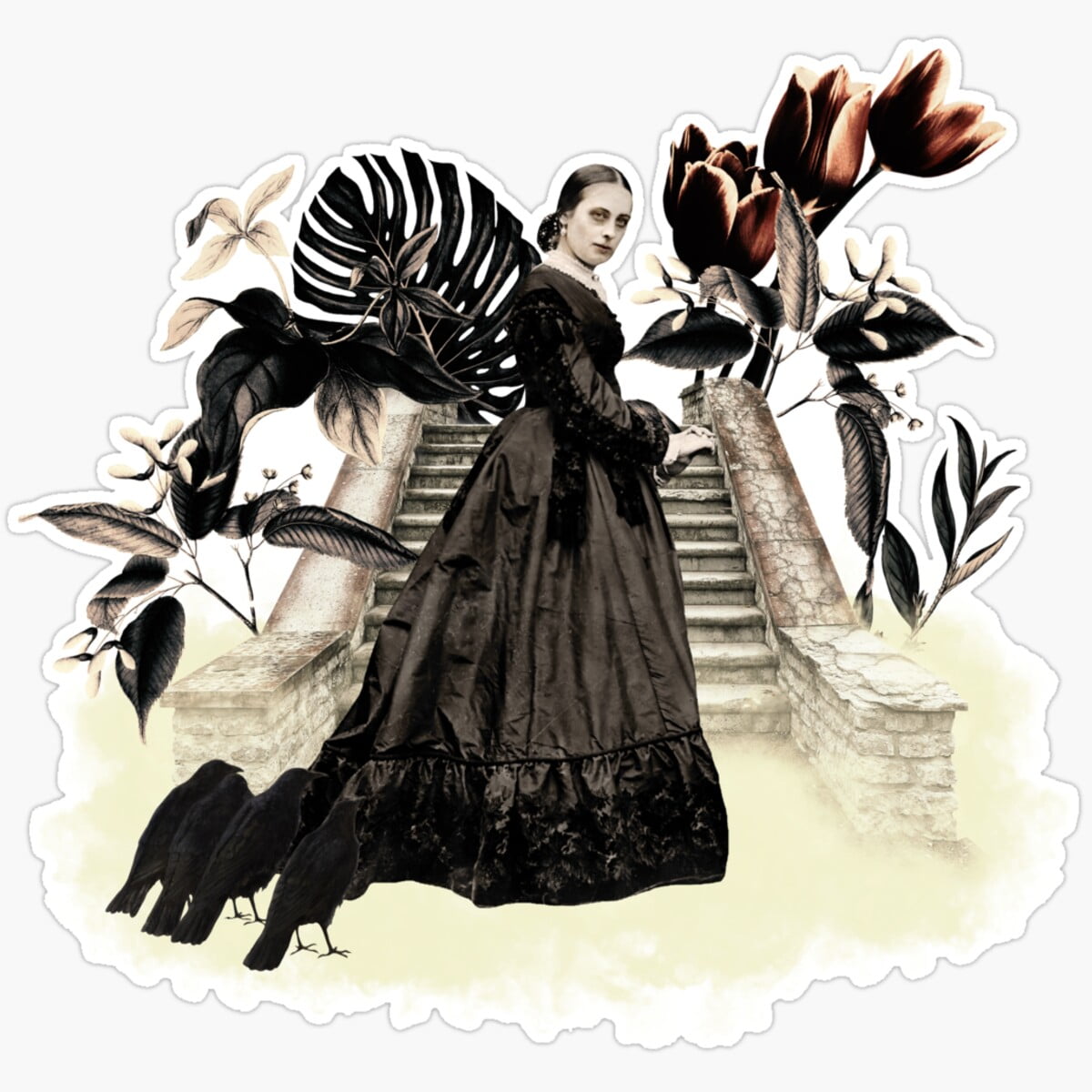 DOPASTICKER Gothic Antique Woman On Stairs With Crows Botanical Night ...