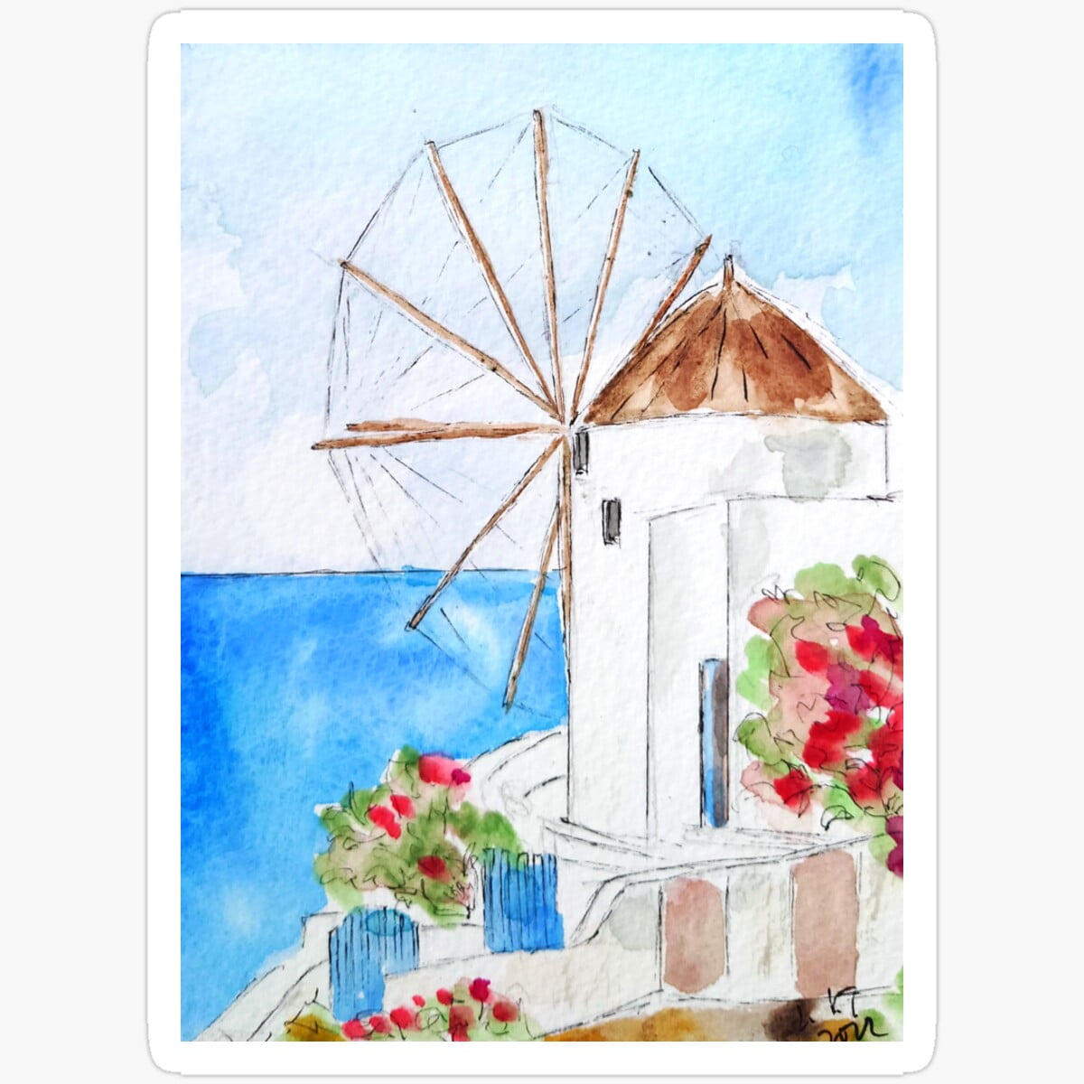 DOPASTICKER Greek Windmill Ink And Watercolor Glossy Sticker Birthday ...
