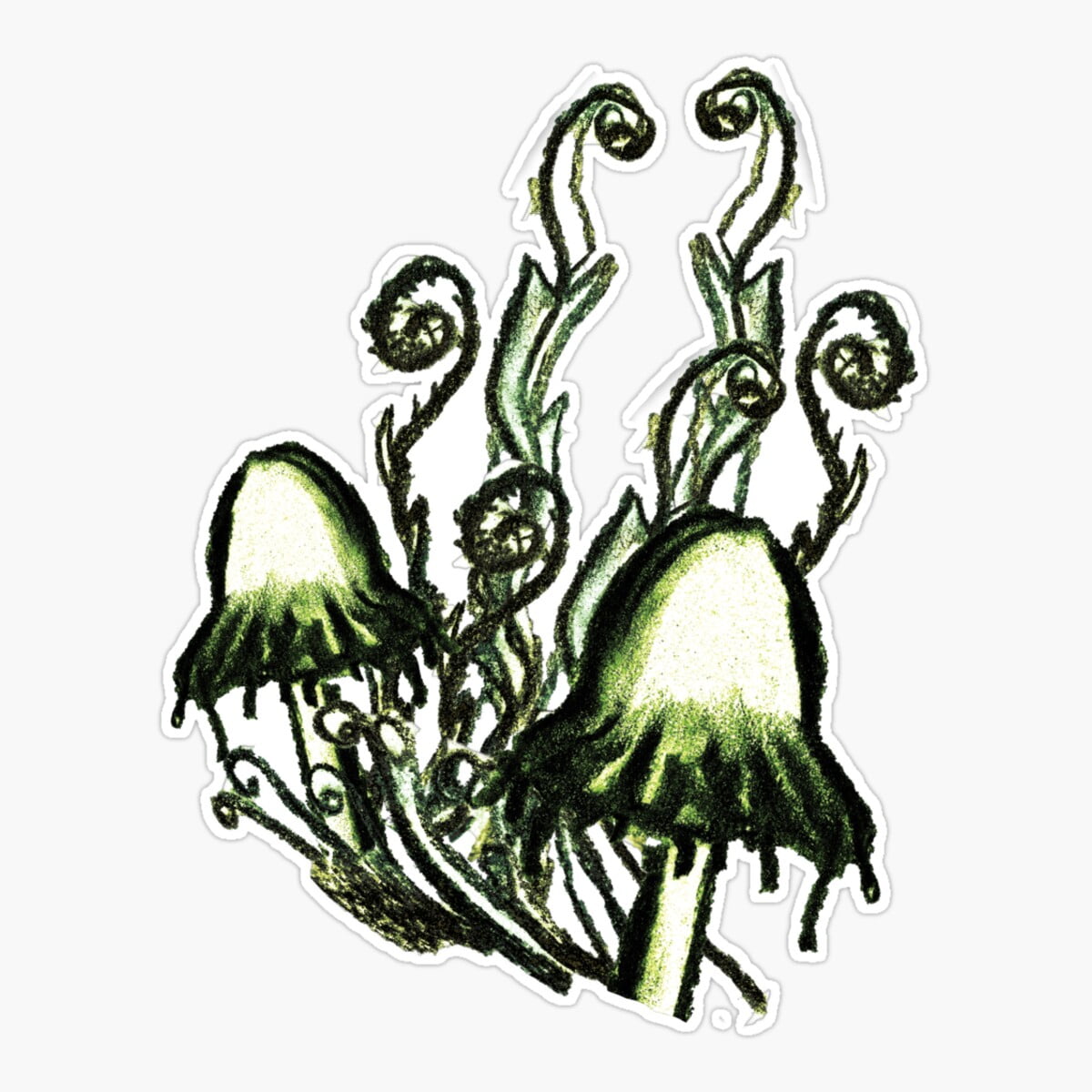DOPASTICKER Green Inkcap Mushrooms And Ferns, Cottagecore Charcoal ...