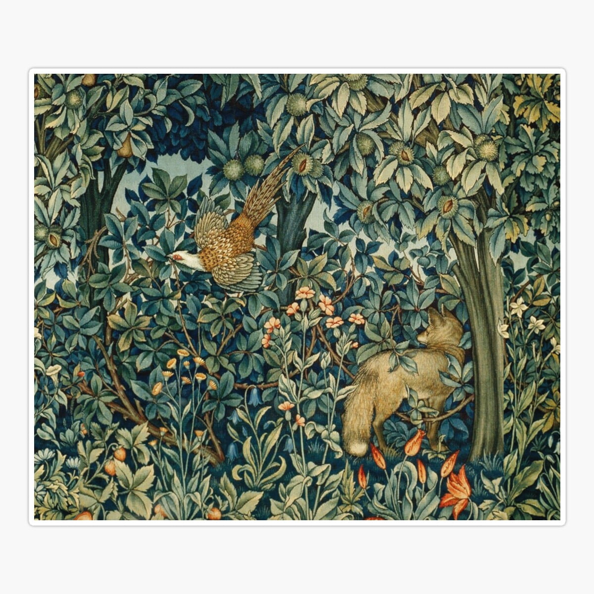 DOPASTICKER Greenery, Forest Animals Pheasant And Fox Blue Green Floral ...
