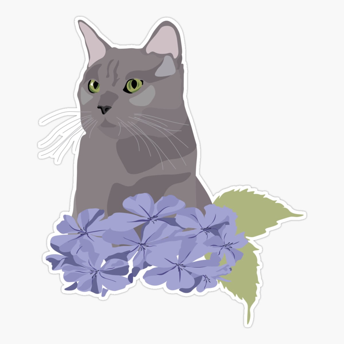 DOPASTICKER Grey Cat Purple Flowers Sticker, Phone Sticker Car Sticker ...