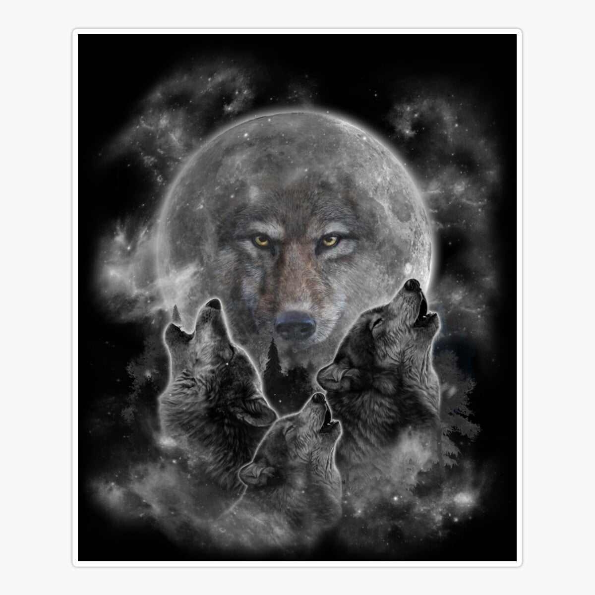 DOPASTICKER Grey Wol Hunting Ground, Big Moon And Stars Sticker, Phone ...